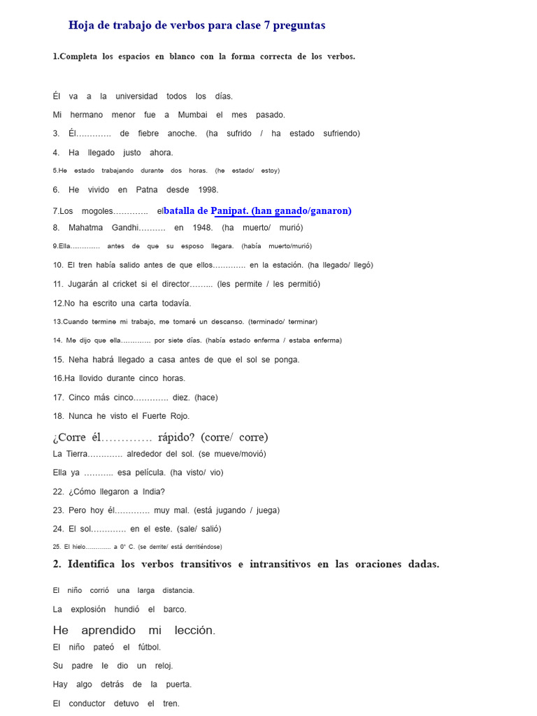 Hoja de trabajo de verbos para séptimo grado | PDF | Verbo