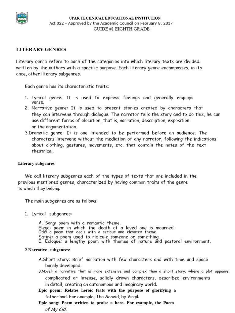 Eighth Grade Literary Genres Guide | PDF | Genre | Writing