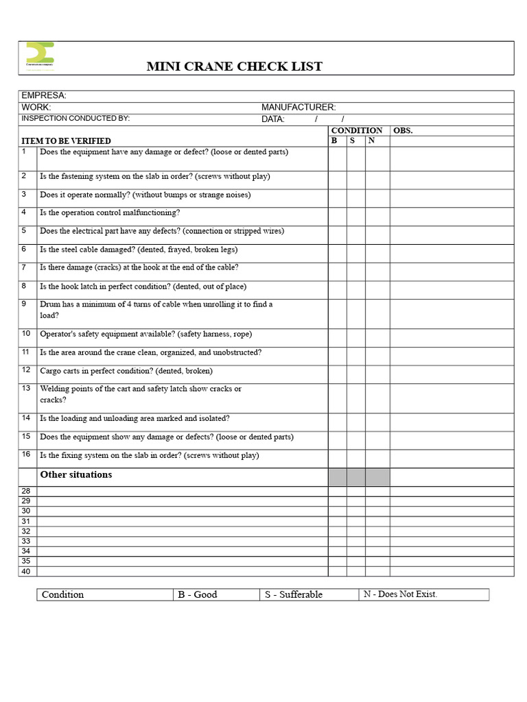 Mini Crane Inspection Checklist | PDF