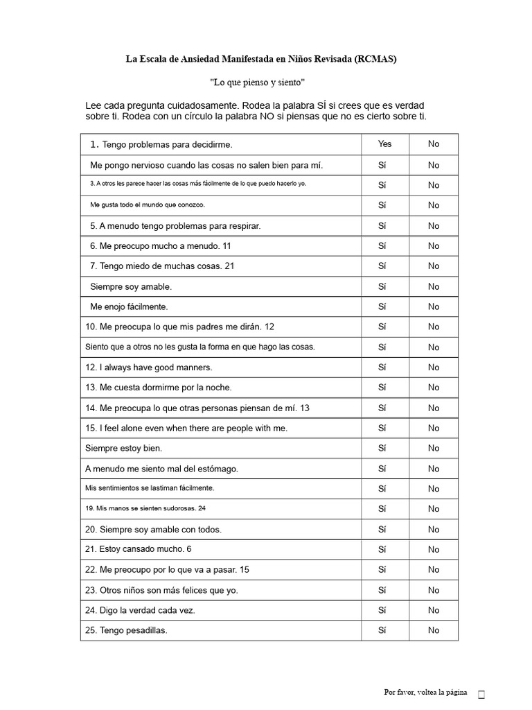 Escala RCMAS: Evaluación de Ansiedad Infantil | PDF | Ansiedad | Sicología