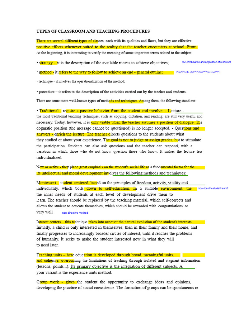 Types of Classes and Teaching Procedures | PDF | Thought | Learning