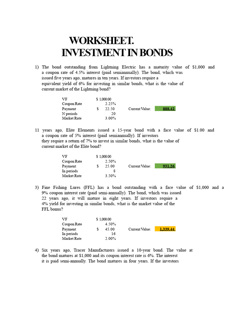 Worksheet. Investment in Bonds | PDF | Bonds (Finance) | Yield (Finance)