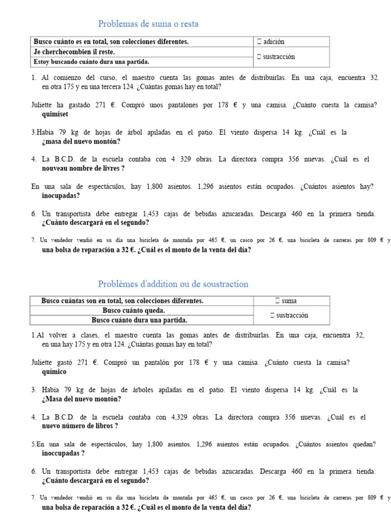 CM1 Problemas de Adición o Sustracción | PDF | Aritmética | Matemática ...