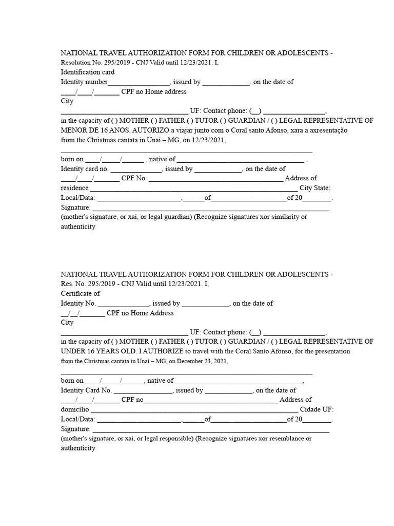 National Travel Authorization Form For Children or Adolescents | PDF
