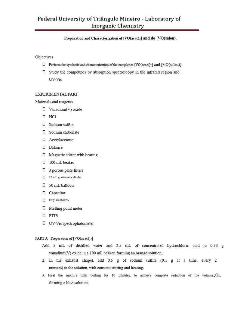 Practice 4 Synthesis of VO(acac)2 and VOsalen (1) | PDF | Coordination ...