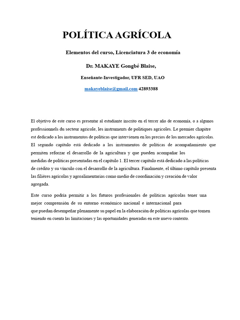 Curso de Políticas Agrícolas - Dr. MAKAYE | PDF | Agricultura | Precios