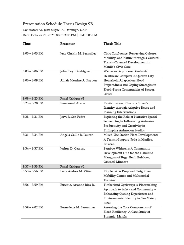 Thesis Presentation Schedule 2025 | PDF | Manila | Planning