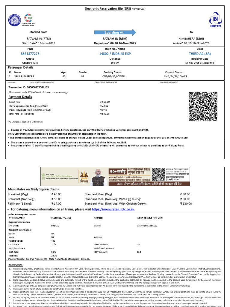 Ratlam to Nimbahera-16!11!2025 | PDF | Identity Document | Payments