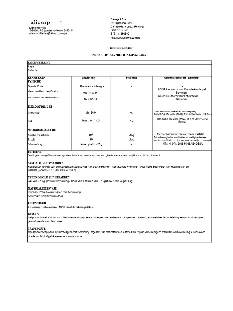 Technische Productfiche Diepvries Voorgebakken Aardappelen V01 | PDF