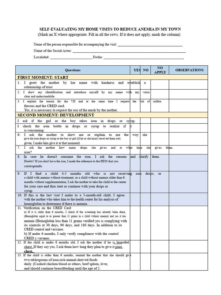 Self-Assessment Form For My Home Visits To Reduce Anemia | PDF | Anemia