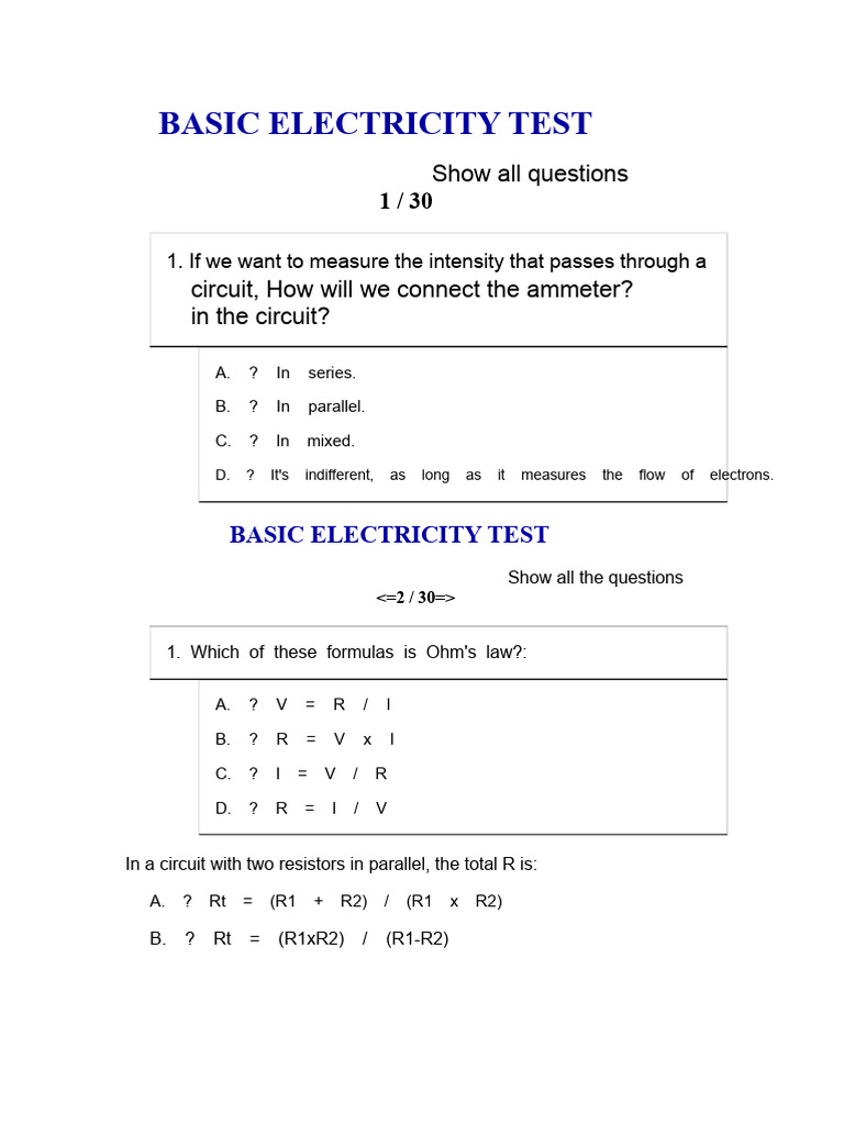 BASIC ELECTRICITY TEST | PDF | Electric Current | Series And Parallel ...