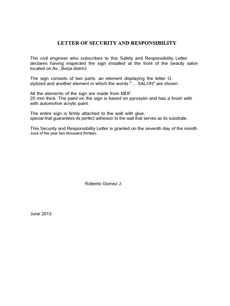 Security and Responsibility Letter | PDF