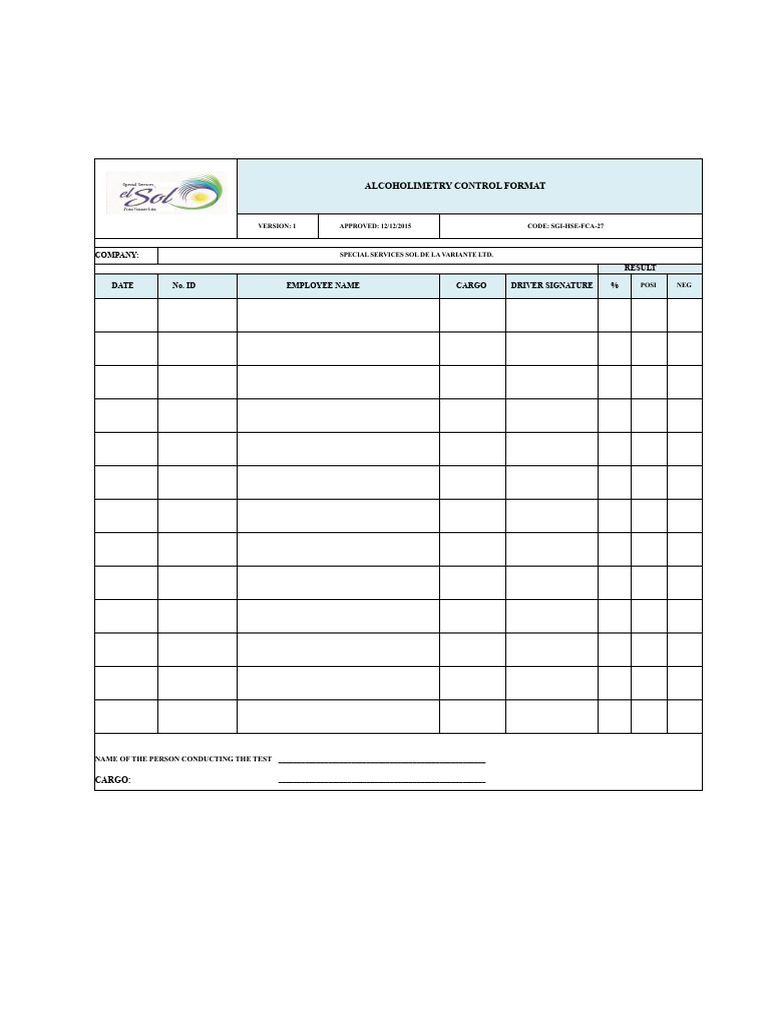 Format For Alcohol Test Control | PDF
