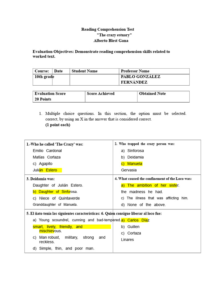 Reading Comprehension Test - The Crazy Estuary - 2nd Year of High ...