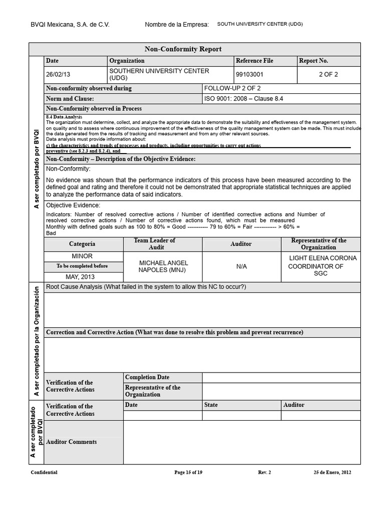 ISO 9001:2008 Non-Conformity Report | PDF | Evaluation | Business