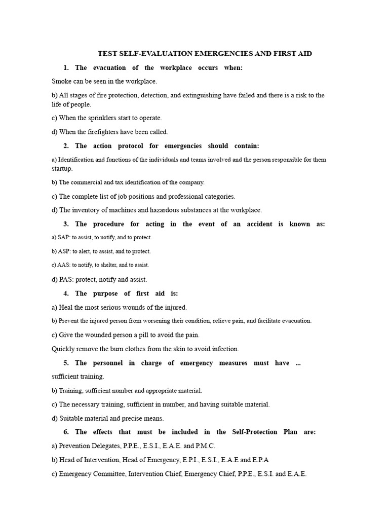 test self-assessment emergencies and pau | PDF | Fires | Emergency