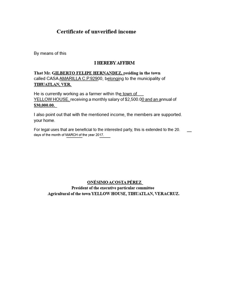 Certificate of Unverifiable Income | PDF