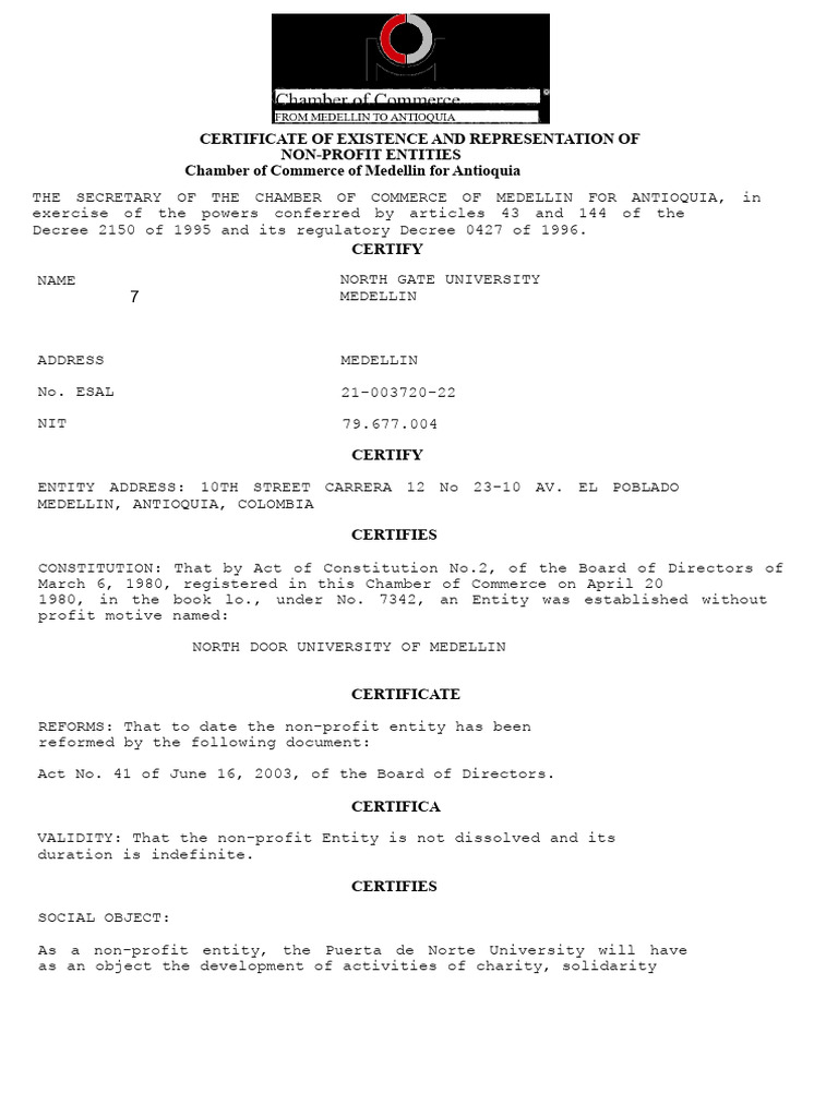 Certificate of Existence: North Gate University | PDF | Board Of ...