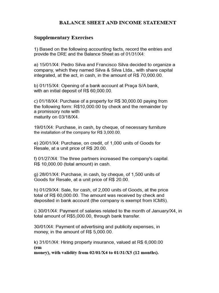 Balance Sheet and Income Statement Exercise | PDF