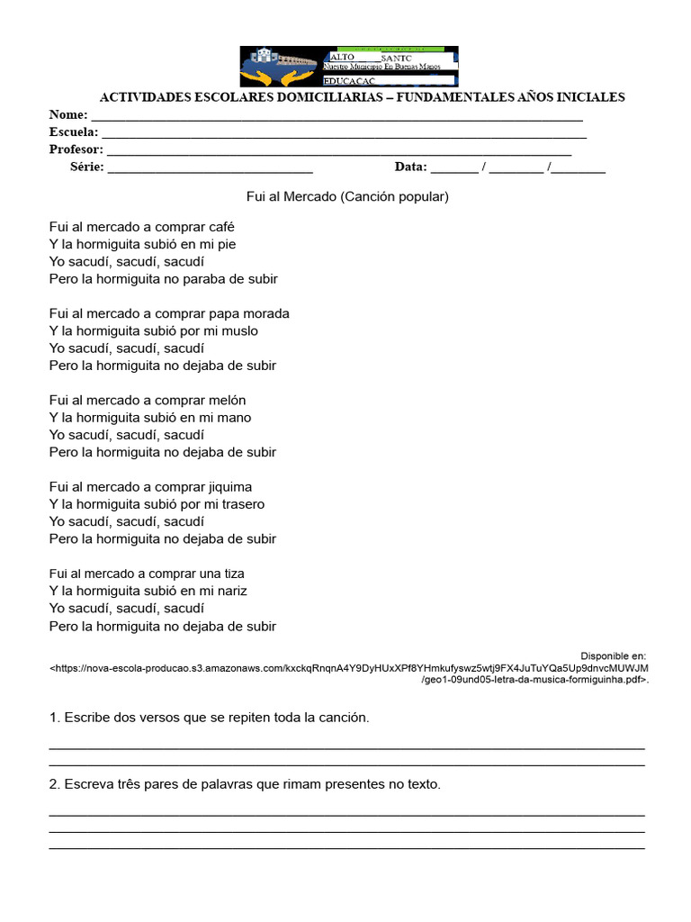 Actividad de Portugués - Fui Al Mercado | PDF