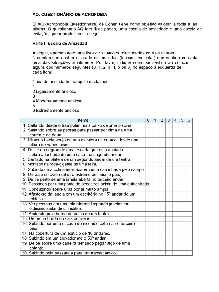 Questionário sobre Acrofobia e Ansiedade | PDF | Medo | Transtorno de ...