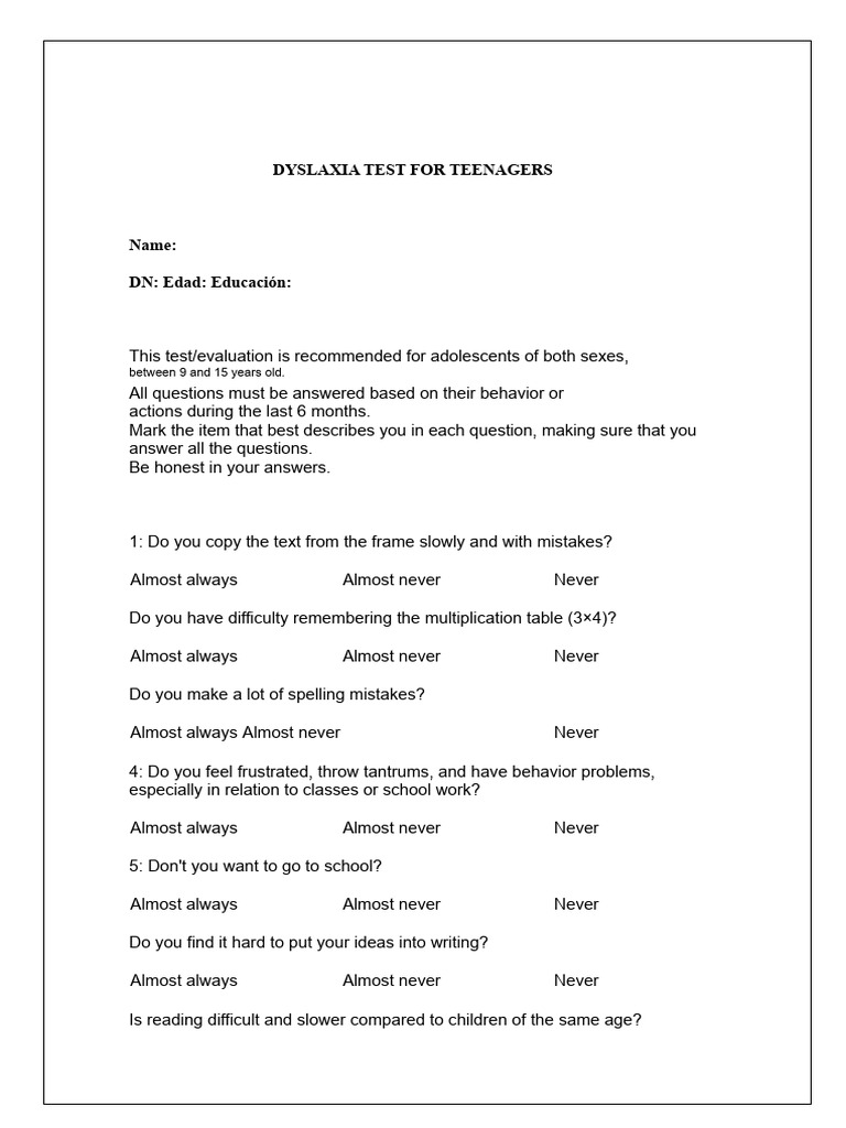 Dyslexia Test for Teenagers: Evaluation Guide | PDF | Dyslexia | Psychology