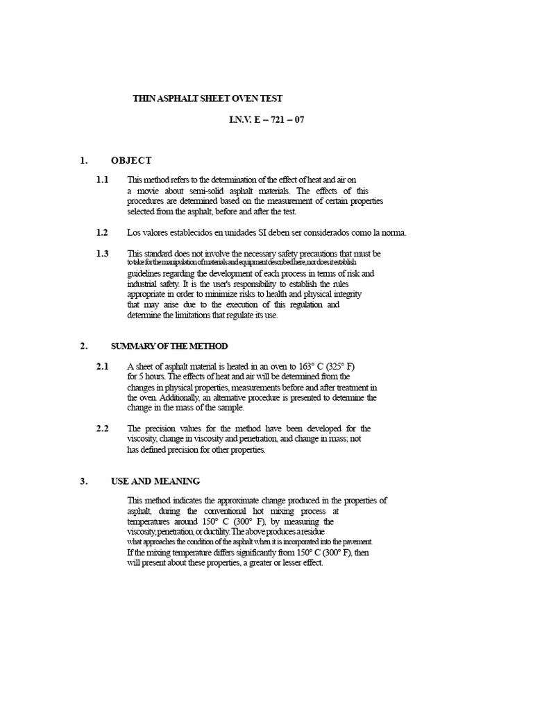 INV E-721-07 Test in the oven of thin asphalt sheet. | PDF ...