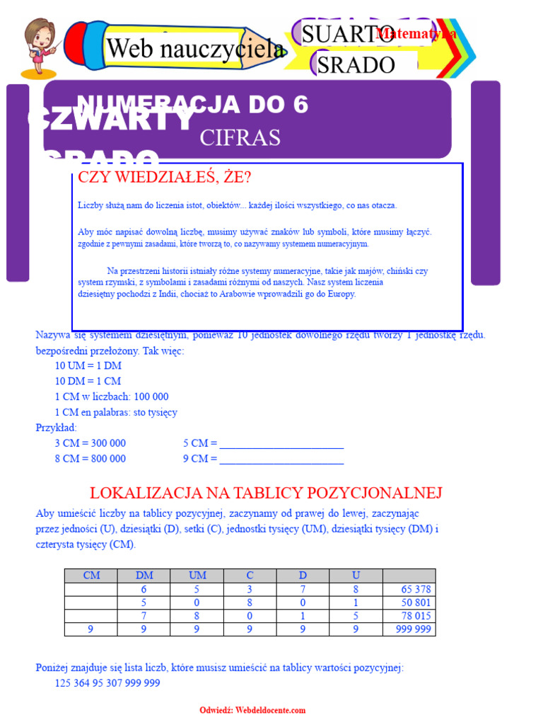 NUMERACJA DO 6 CYFR - Klasa 4 | PDF
