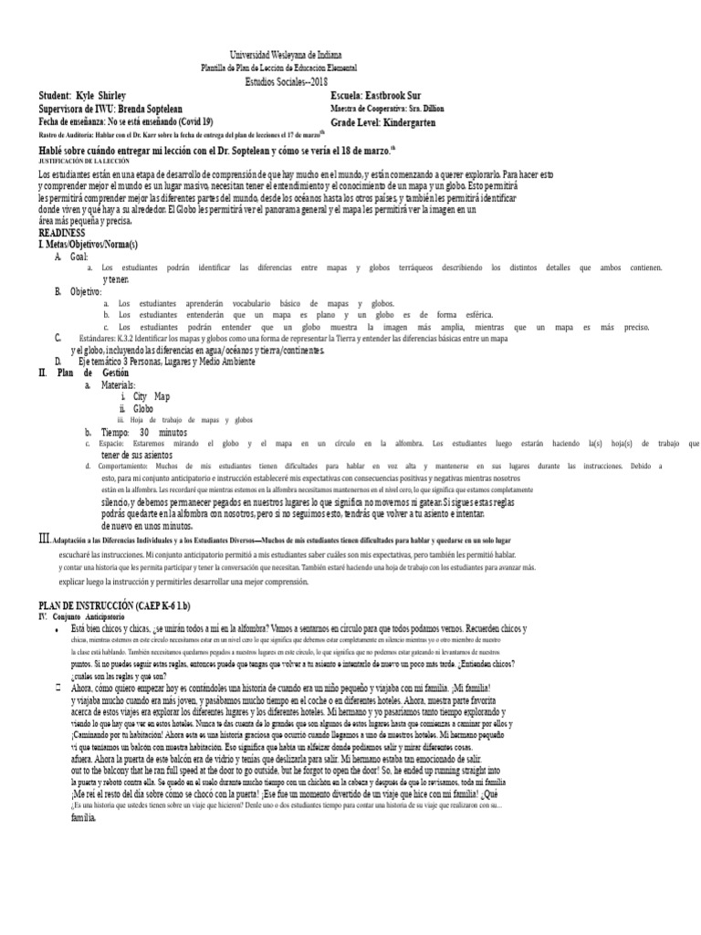 plan de lección de estudios sociales globos y mapas final sc | PDF | Educación primaria ...