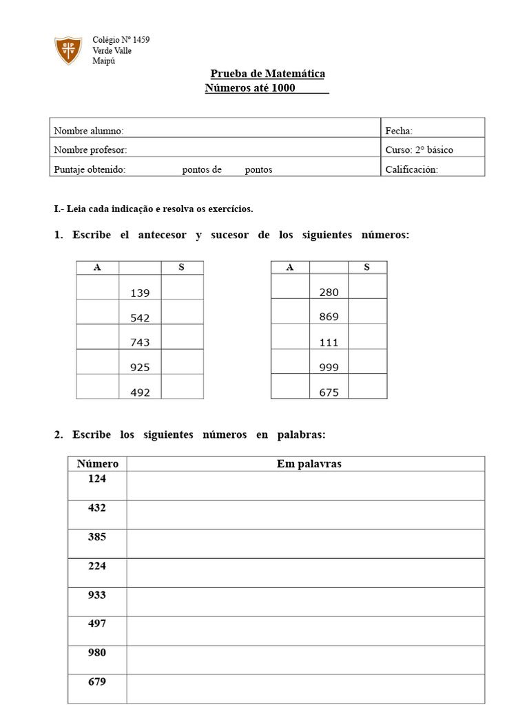 Prueba de Matemática: Números hasta 1000 | PDF