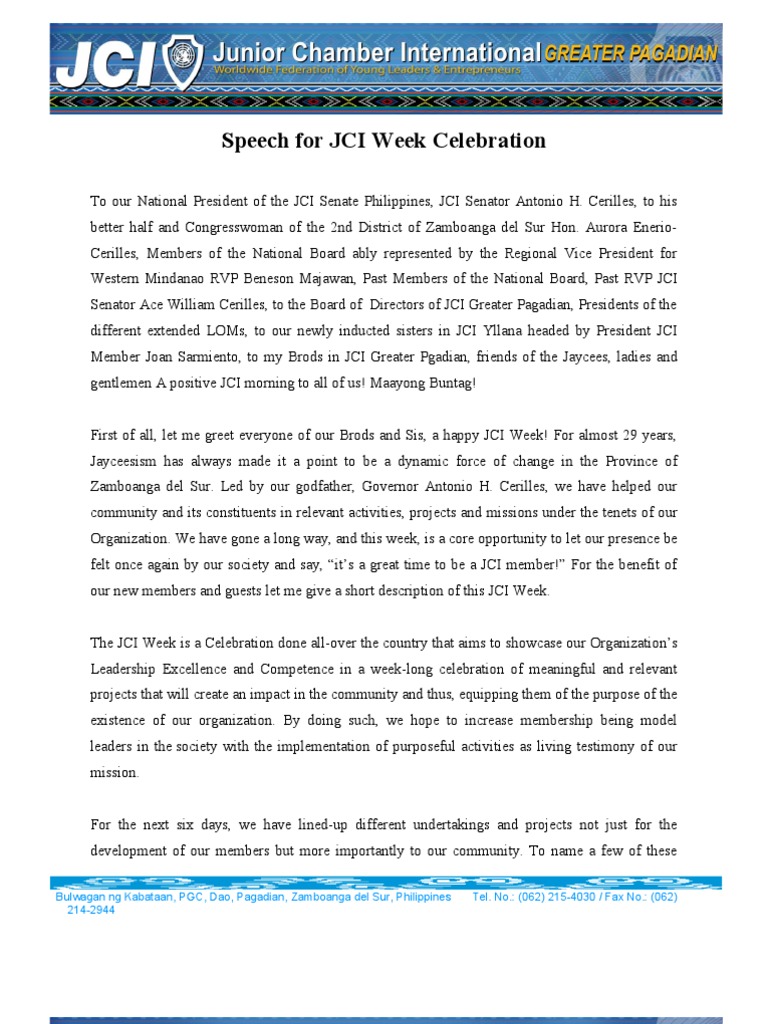 Speech for JCI Week Celebration