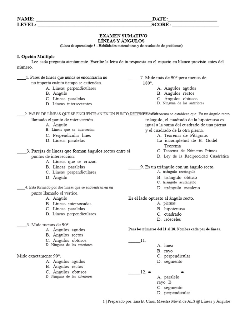 Examen de Líneas y Ángulos Matemáticos | PDF | Triángulo | Ángulo