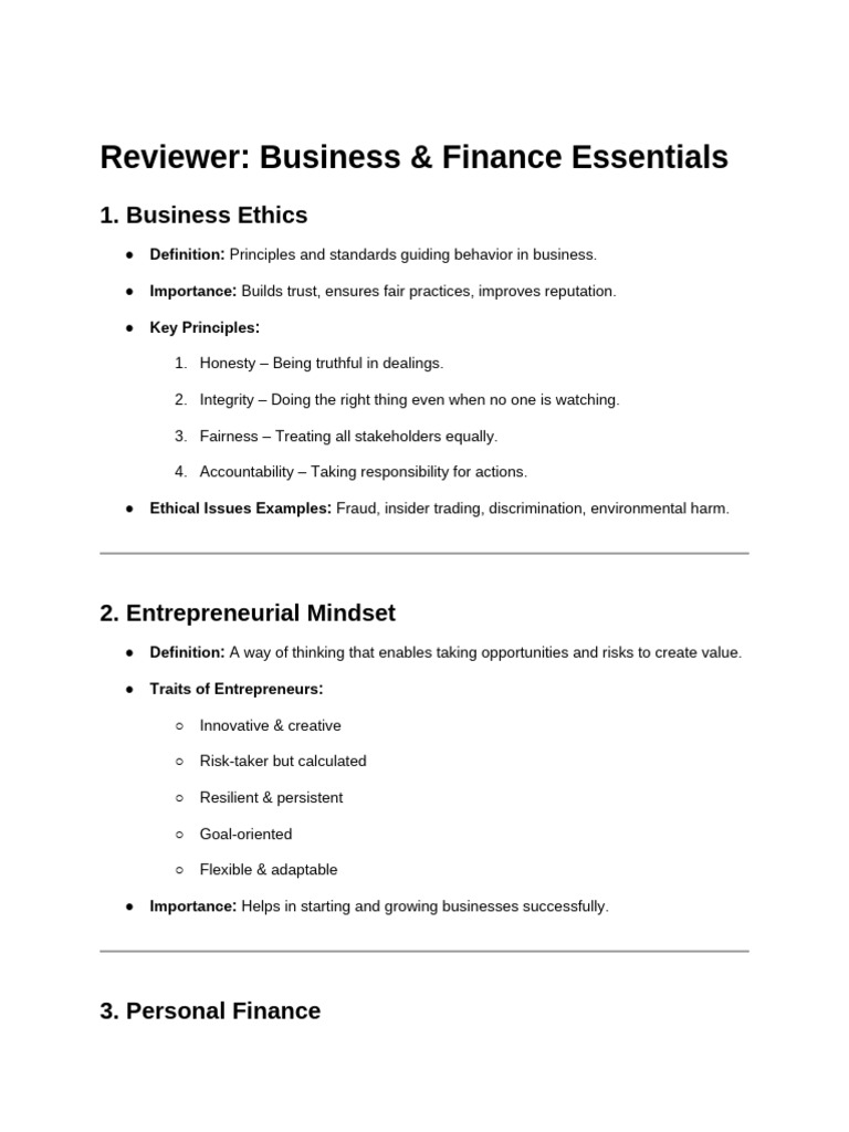 Reviewer - Business & Finance Essentials | PDF | Business | Banks