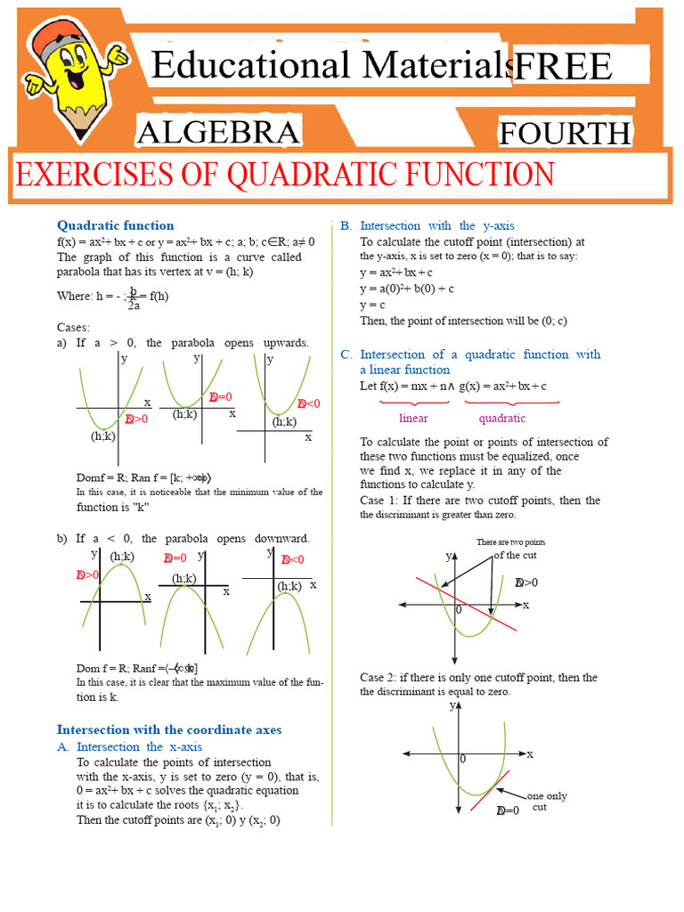 Quadratic Function Exercises for Fourth Year of Secondary School | PDF ...
