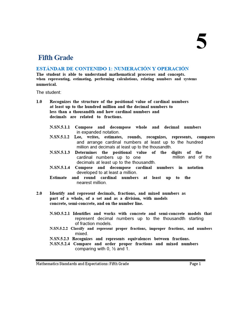 Standards and Expectations For 5th Grade Mathematics | PDF | Numbers | Area