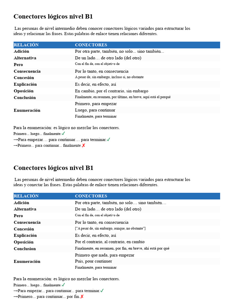 Conectores Lógicos Nivel B1 | PDF