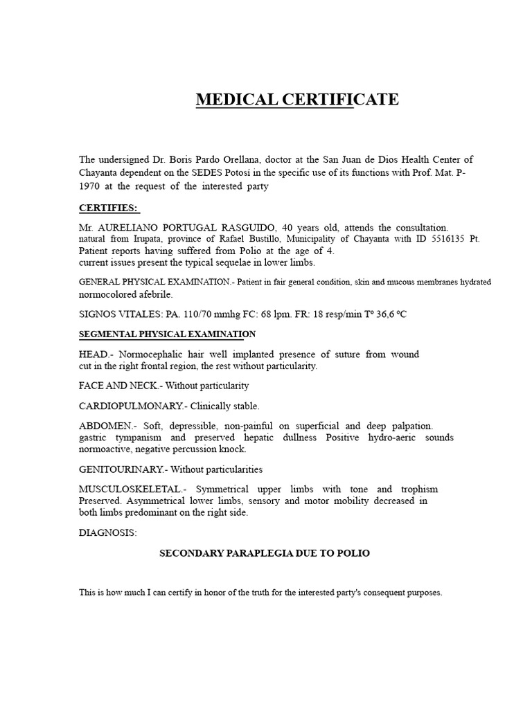 Medical Certificate | PDF | Diseases And Disorders | Medical Specialties