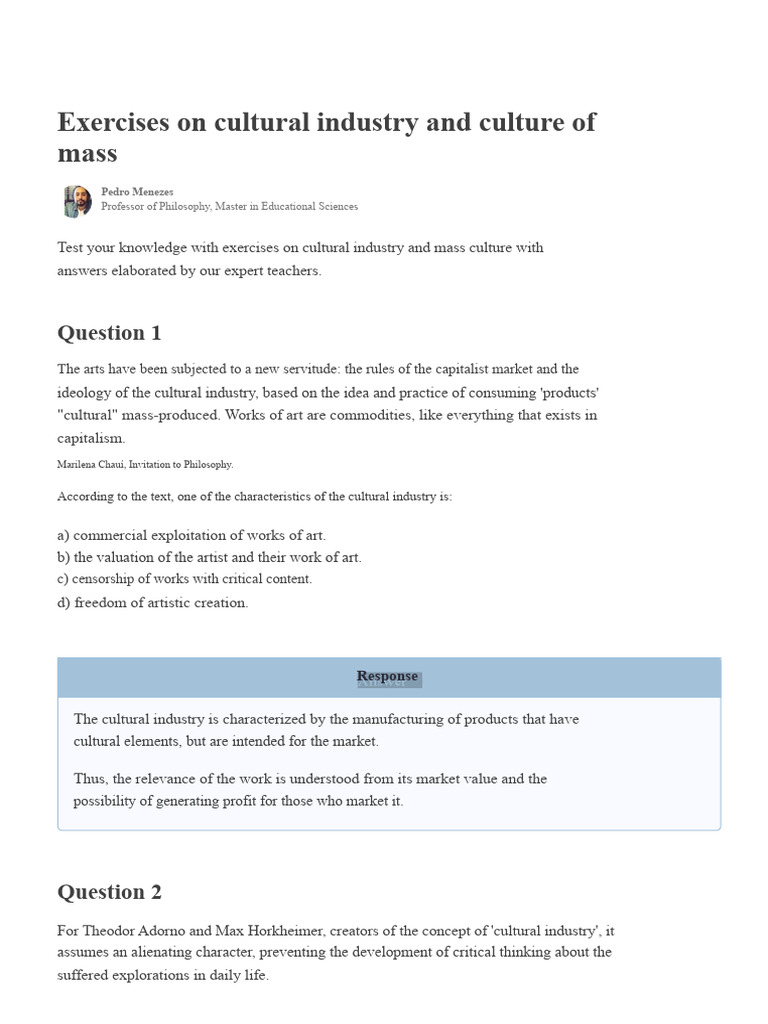 Cultural Industry and Mass Culture Exercises | PDF | Popular Culture ...