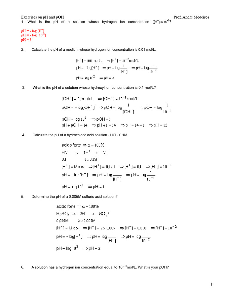 PH and pOH Solved Exercises | PDF | Ph | Acid