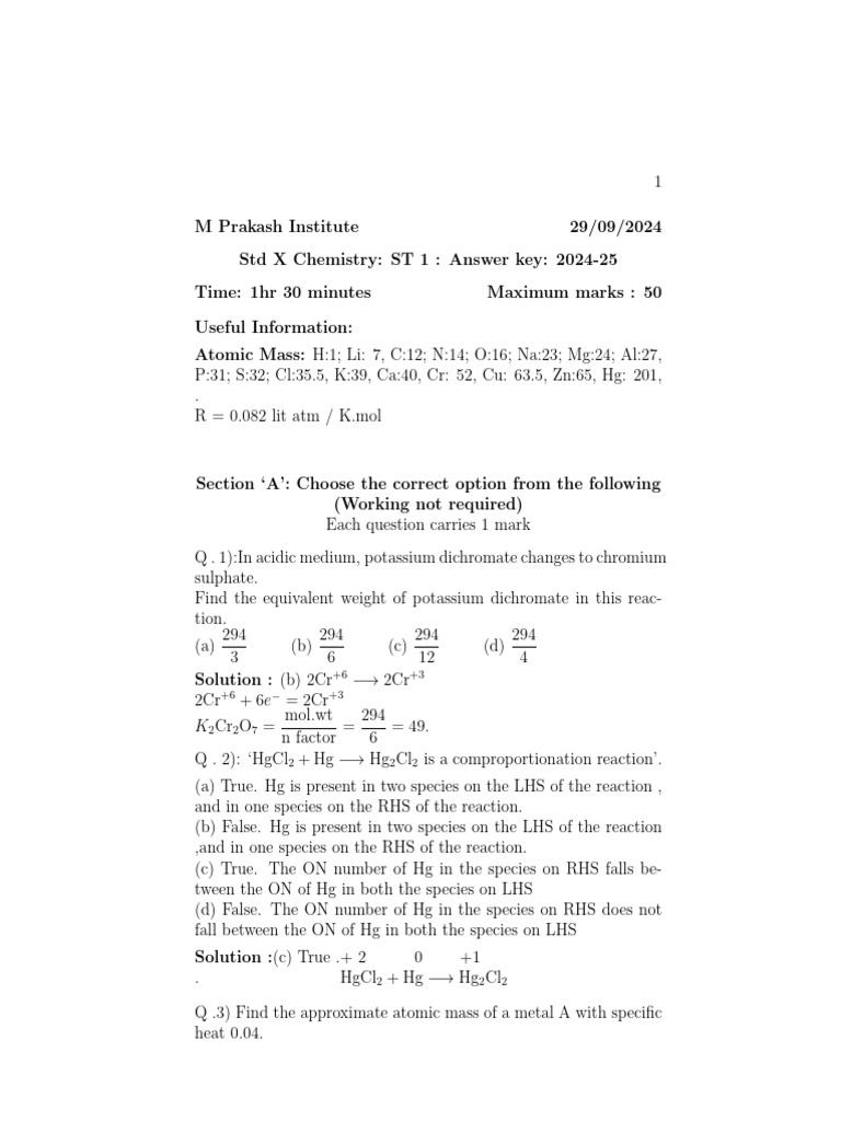 STD X 2425 Chem ST 1 Final Ans Key -2 (3) | PDF | Carbonate | Magnesium