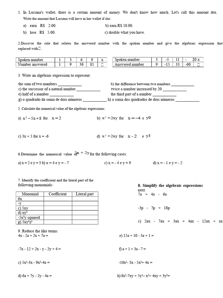 algebraic expressions activities | PDF | Algebra | Mathematics