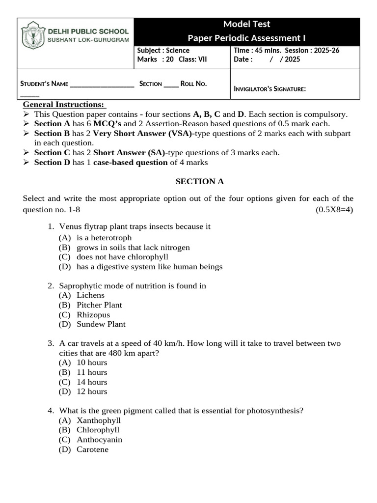 Class VII Science Model Test Paper | PDF | Plants | Biology