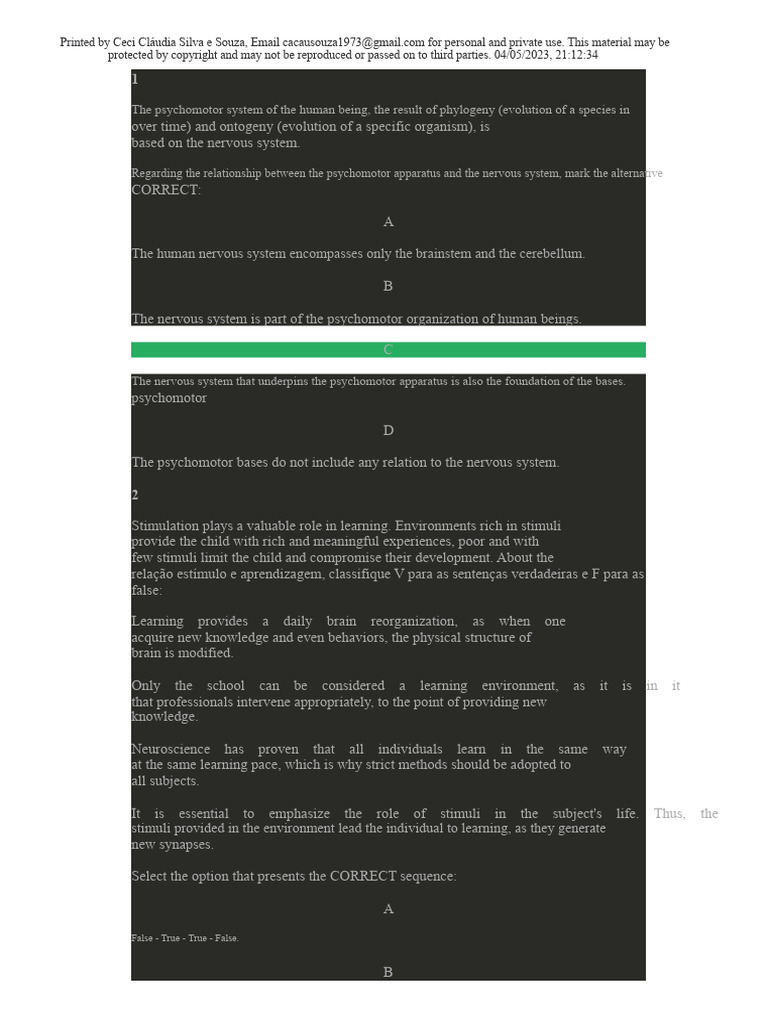 Psychomotricity Evaluation 2 - Passed Directly PDF | PDF | Central ...