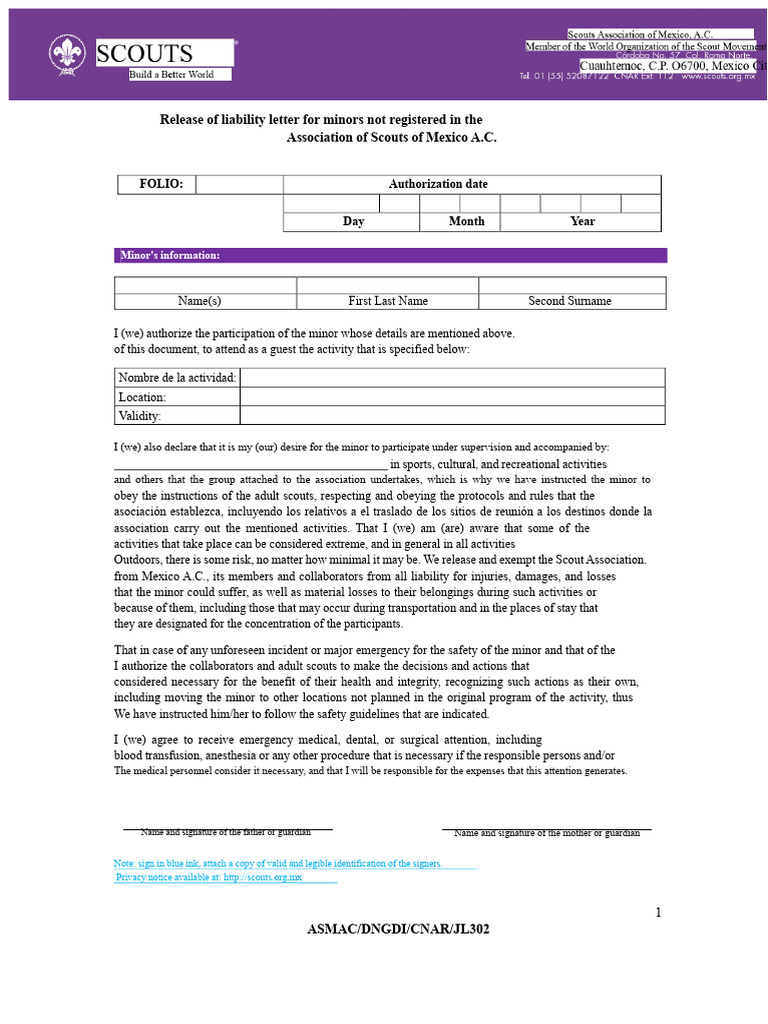 Release of liability letter for minors not registered with the Scouts ...