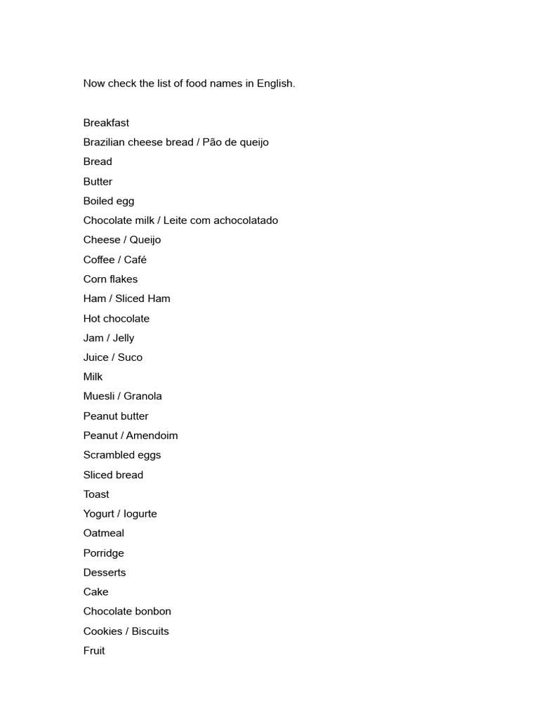Comprehensive Food Vocabulary List | PDF