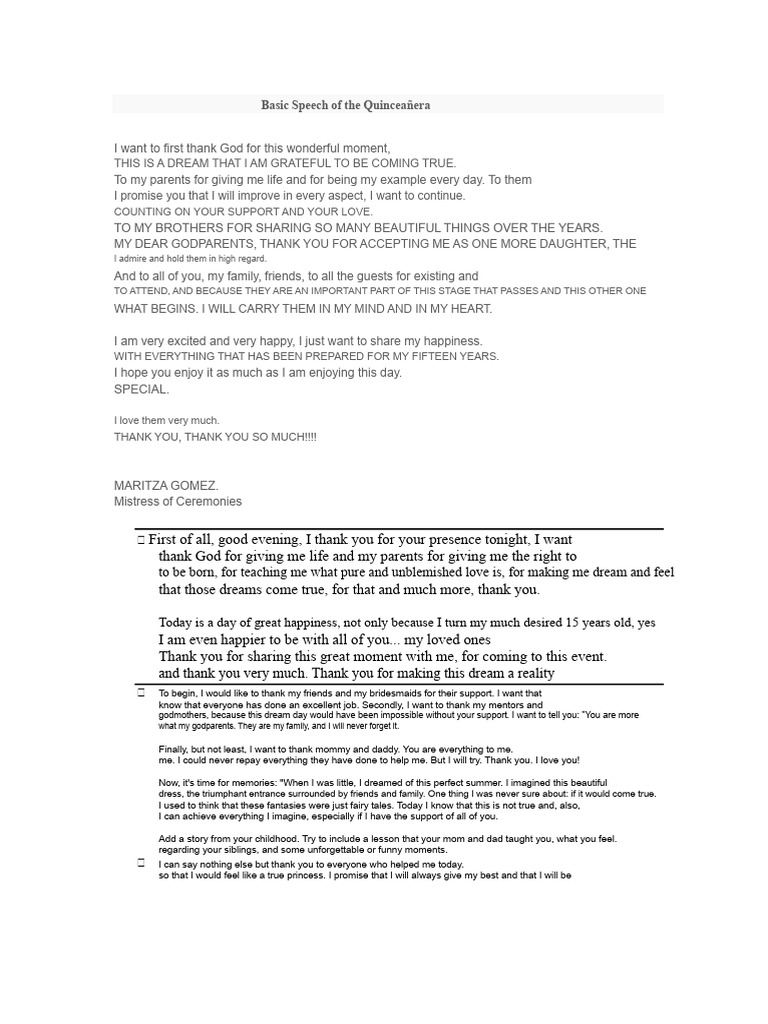 BASIC SPEECH OF THE QUINCEAÑERA | PDF