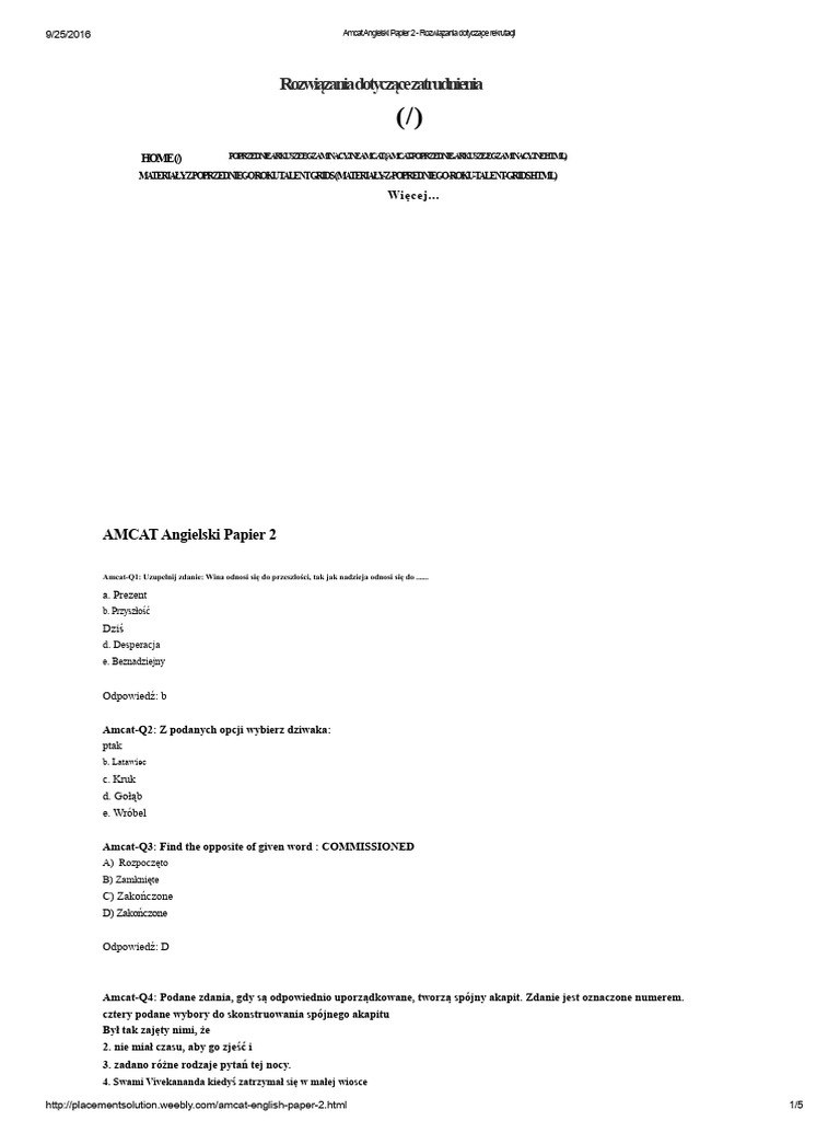 Amcat English Paper 2 Rozwiązania Do Umiejscowienia PDF | PDF