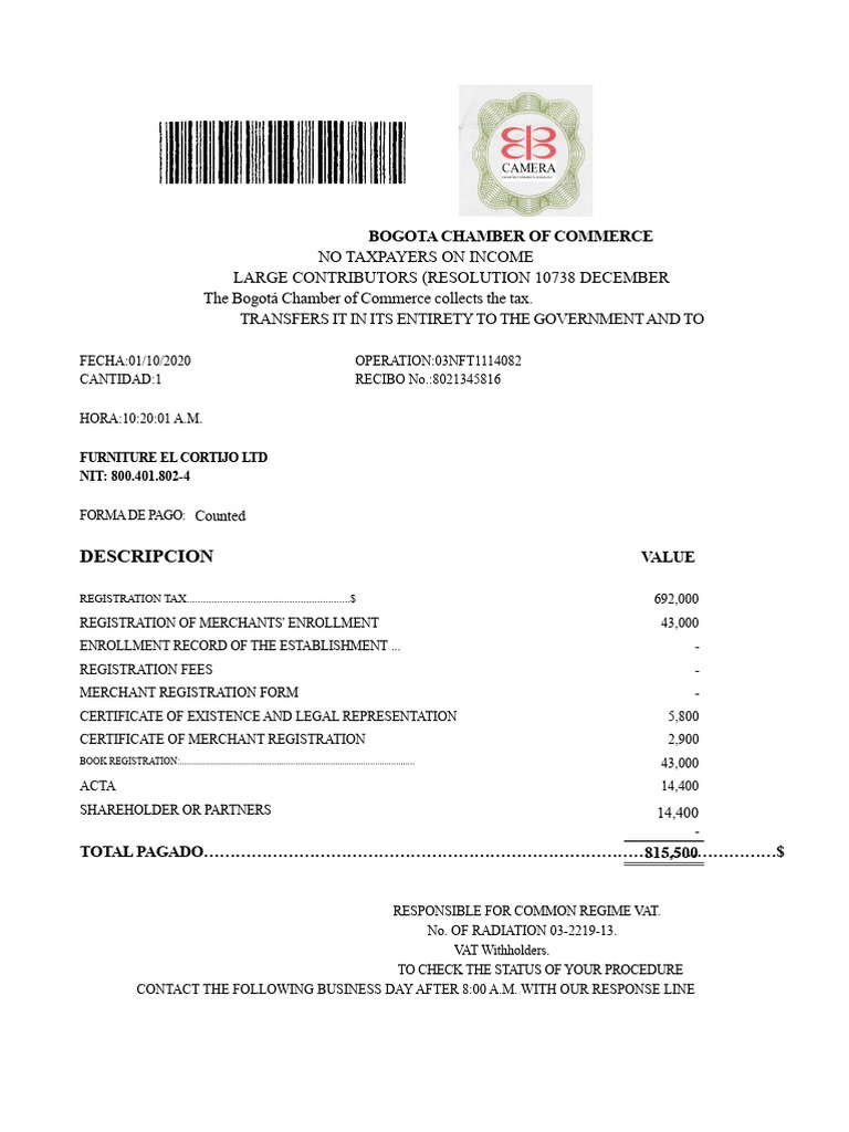 Bogotá Chamber of Commerce Tax Receipt | PDF | Taxes | Receipt