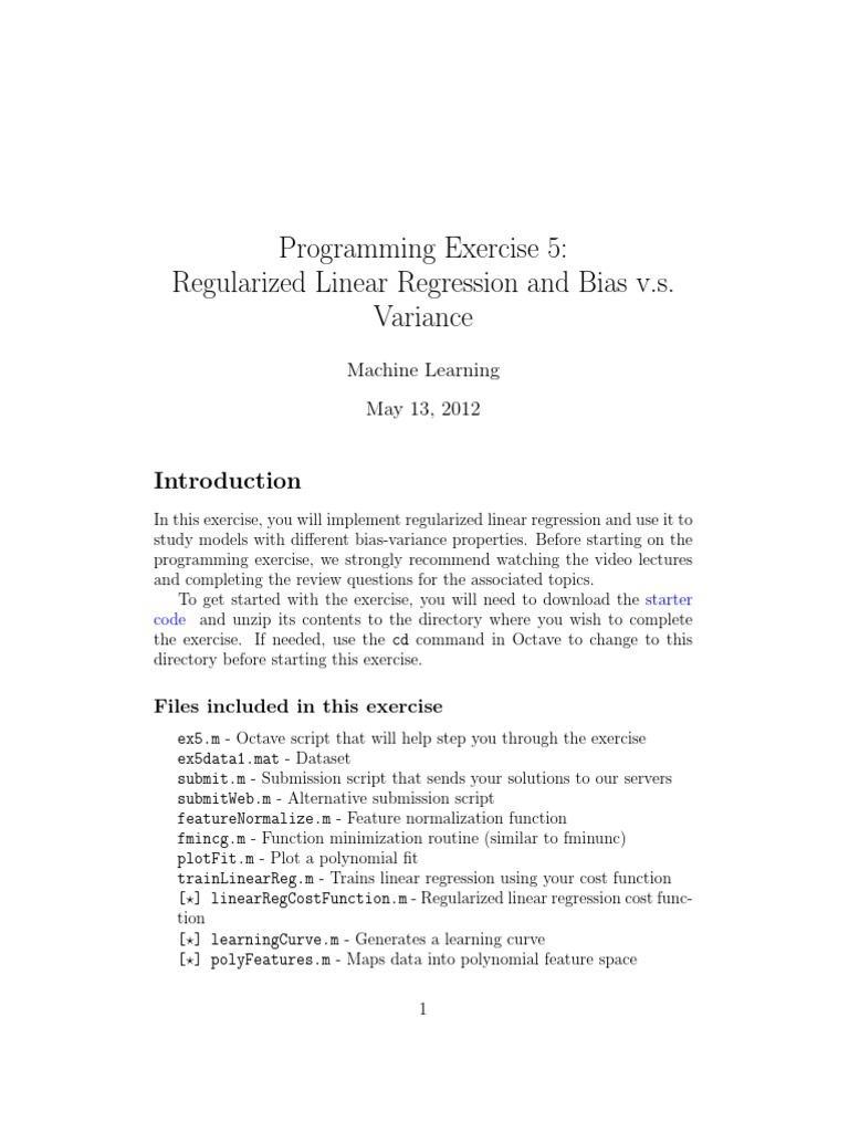 Regularized Linear Regression Exercise | PDF