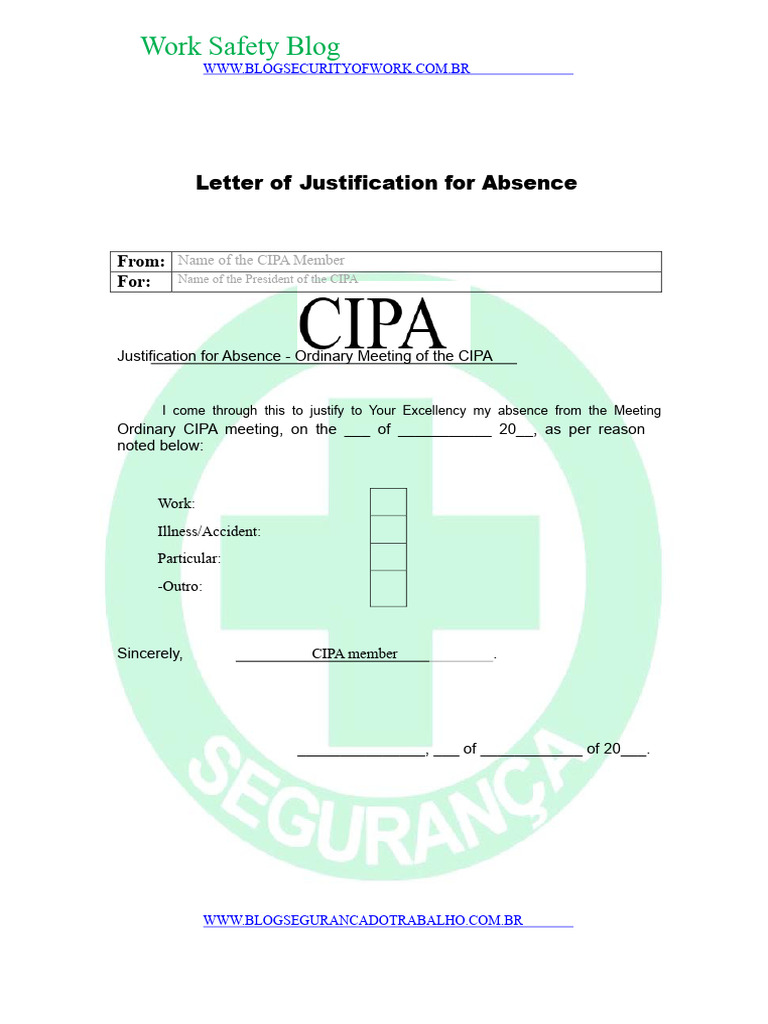 Model - Justification Letter For Absence From The CIPA Meeting ...